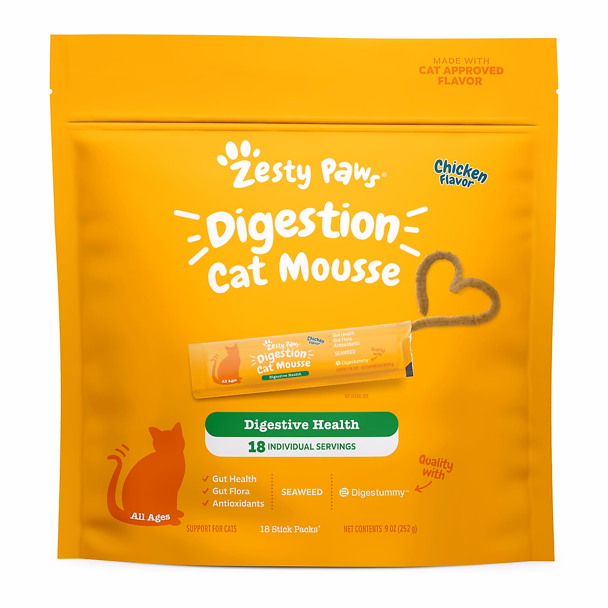 Zesty Paws Cat Mousse Squeezies Puree Cat Treats for Digestion - with Seaweed, Omega Fatty Acids, Antioxidants - Support for Digestive Health Cats - Chicken Flavor - 18 Count