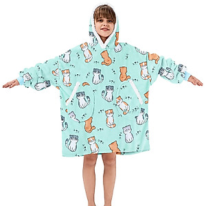 Century Star Wearable Blanket Hoodie for Kids 6-10YR Oversized Hooded Thick Cozy Fleece Sherpa Soft Warm Weighted Sweatshirt Girls Boys Kids Cat
