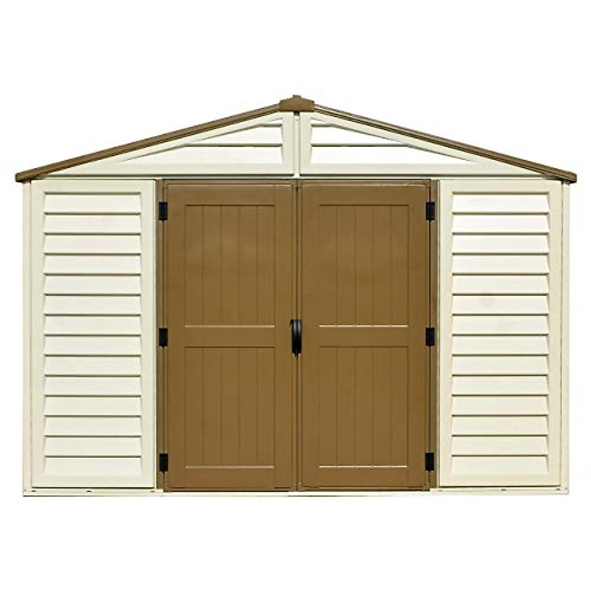 Duramax 0638801402145 Woodbridge Plus 10.5 x 8 Plastic Garden Shed with Foundation Kit & Fixed Window Brown-15 Years Warranty, 10x8, Brown & Ivory