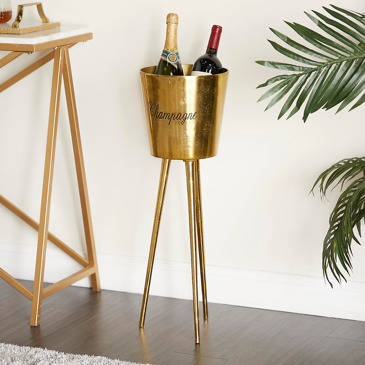 Deco 79 Aluminum Tall Floor Champagne 3 Bottle Ice Bucket, 10" x 10" x 28", Gold