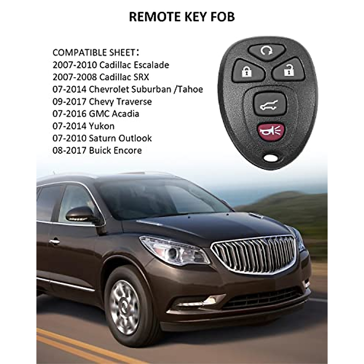 2Pcs Keyless Entry Remote Control Car Key Fob Fit for Chevy Traverse Tahoe Suburban/Buick Enclave/Cadillac Escalade/07-2016 GMC Acadia Yukon Replacement Remote Control 5 Buttons OUC60270 OUC60221