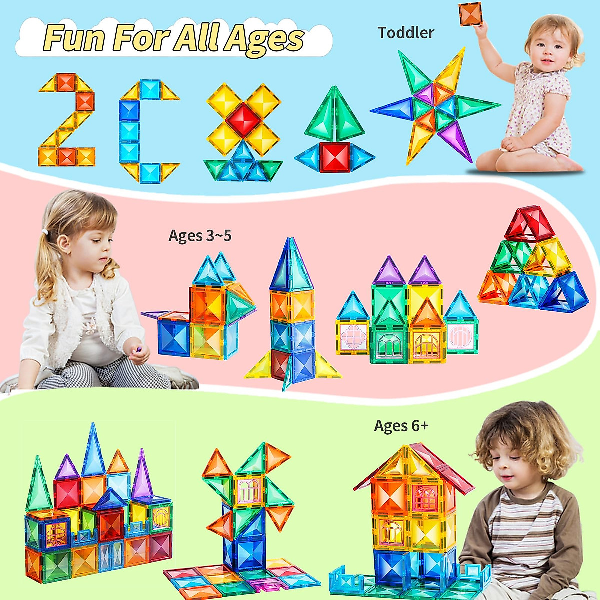 TOKBLOK 64Pcs Clear Diamond Magnetic Tiles - STEM Educational Building Blocks Toys for 3-6 Year Old Boys & Girls | Ideal for Toddler Early Development (Starter Set)