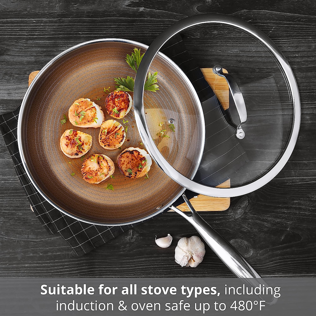 MasterPRO - Giro Collection - 12” Fry Pan with Lid - Tri Ply Stainless Steel Aluminum Core Cookware with Multi-Layer Nonstick Coating - 12” Fry Pan - Metal Utensil Safe