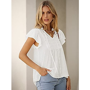 DEEP SELF Womens White Smocked Tunic Tops Dressy Casual Ruffle Short Sleeve Blouse Drawstring V Neck Shirts for Vacation Spring