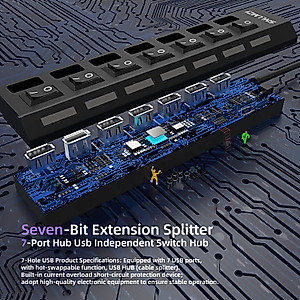 USB Hub, 7 Port USB 2.0 Hub LED Portable High-Speed Compatible for iMac Pro, MacBook Air, Mac Mini/Pro, Surface Pro, PC and Laptop