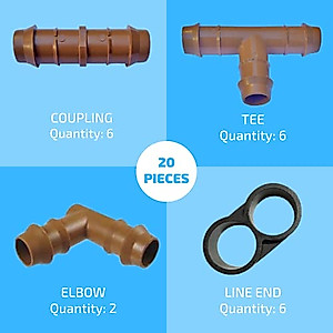 Habitech Irrigation Fittings Kit for 1/2" Tubing - 20 Piece Set - 6 Tees, 6 Couplings, 2 Elbows, 6 End Cap Plugs - Barbed Connectors for Rain Bird and Compatible Drip or Sprinkler Systems