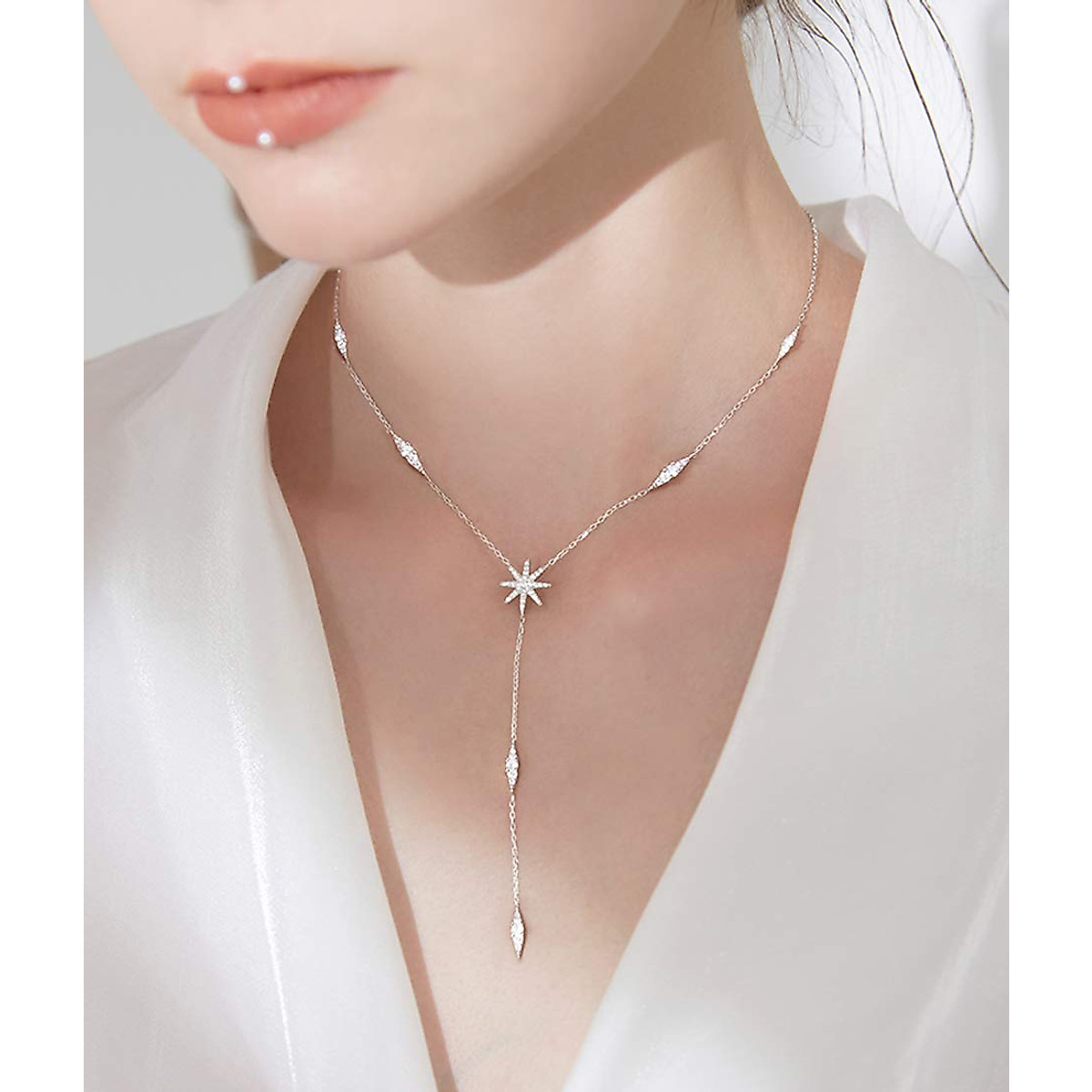 SLUYNZ 925 Sterling Silver Star Y Necklace for Women Teens CZ Star Necklace Snowflake Choker Necklace Pendant (A-Silver)