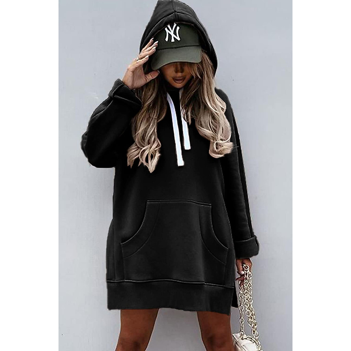 PRETTYGARDEN Women's Casual Pullover Sweatshirt Long Sleeve Split Hem Hoodie Dress with Kangaroo Pocket (Black,X-Large)