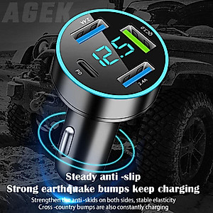 AGEK Car Charger, 4 Port USB C Car Adapter, PD 3.0 & QC 3.0 Fast Charging, Voltage Display, LED Atmosphere Light, Wide Compatibility for iPhone, Samsung, iPad & Tablets