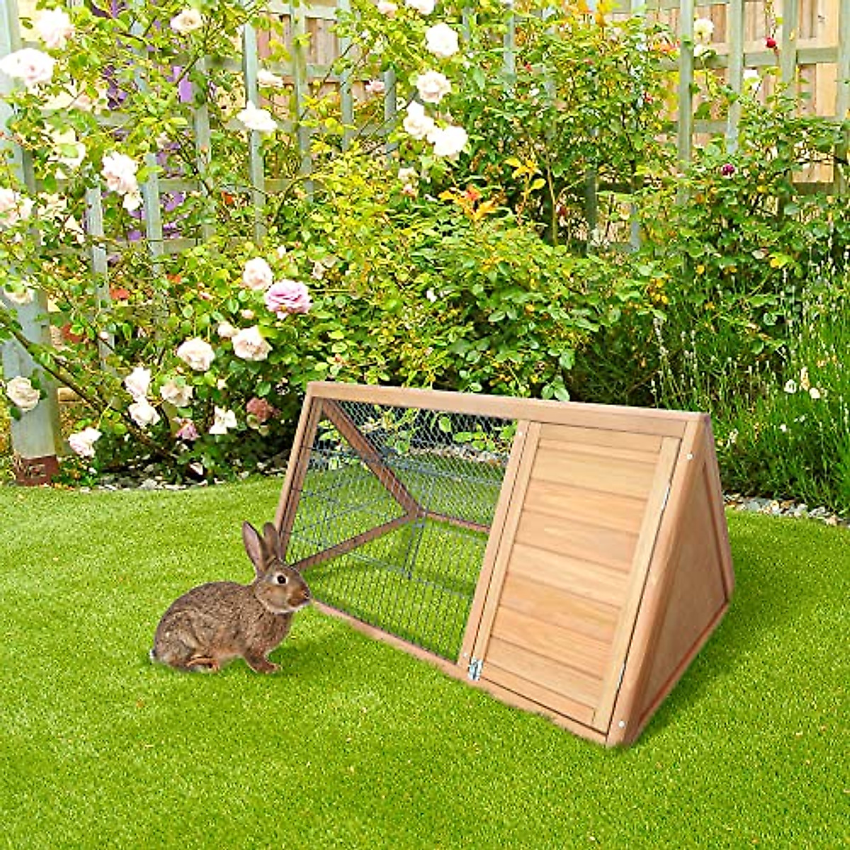 PawHut Outdoor Triangular Wooden Bunny Rabbit Hutch/Guinea Pig House with Run