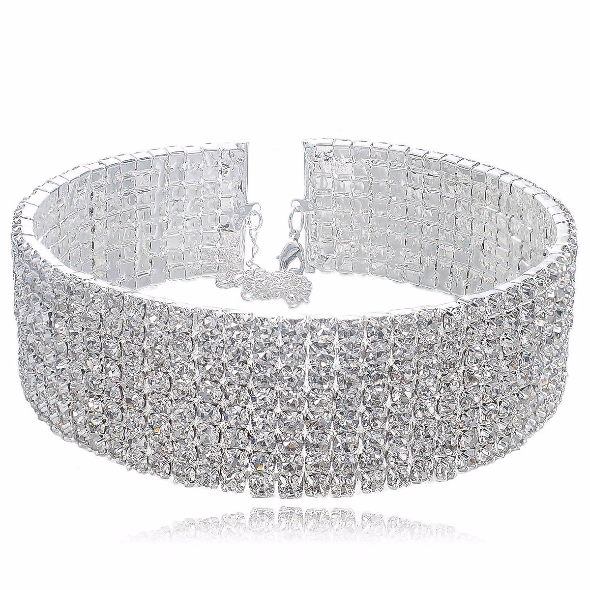 Janefashions 8-row Eight Rows Clear White Austrian Rhinestone Crystal Choker Necklace Collar Dance Party Wedding N077s Silver