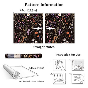 Wallpaper Self-Adhesive Blooming Vintage Colourful Flowers WallPaper for Bedroom Living Room Cabinet, Peel and Stick Beige Sketch Little Flowers Wallpaper Mural 14.2 sq. feet (118.1"x17.3", Black)