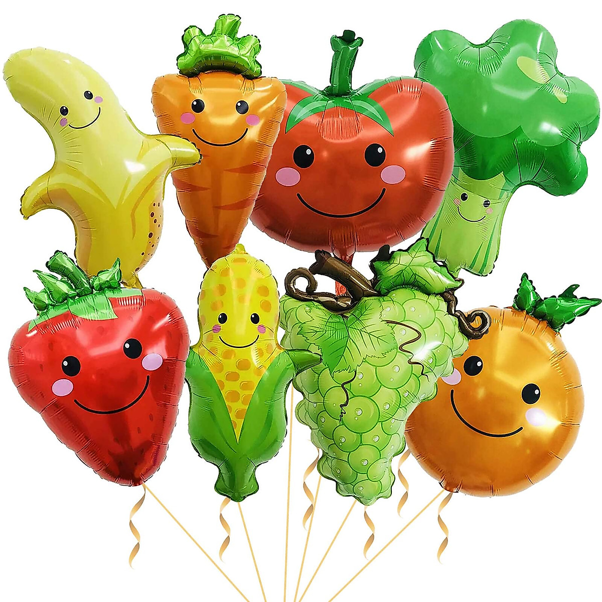 8 Pack Gaint Fruit Vegetable Foil Balloons Cute Helium Mylar Strawberry Grape Banana Orange Corn Carrot Tomato Broccoli Balloons for Theme Birthday Party Decorations Supplies