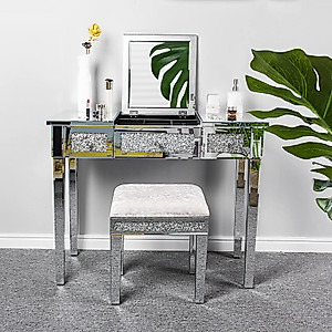 VINGLI Mirrored Vanity Stool with Storage, Upholstered Velvet Ottoman, Makeup Dressing Table Bench with Sparking Diamonds, Silver