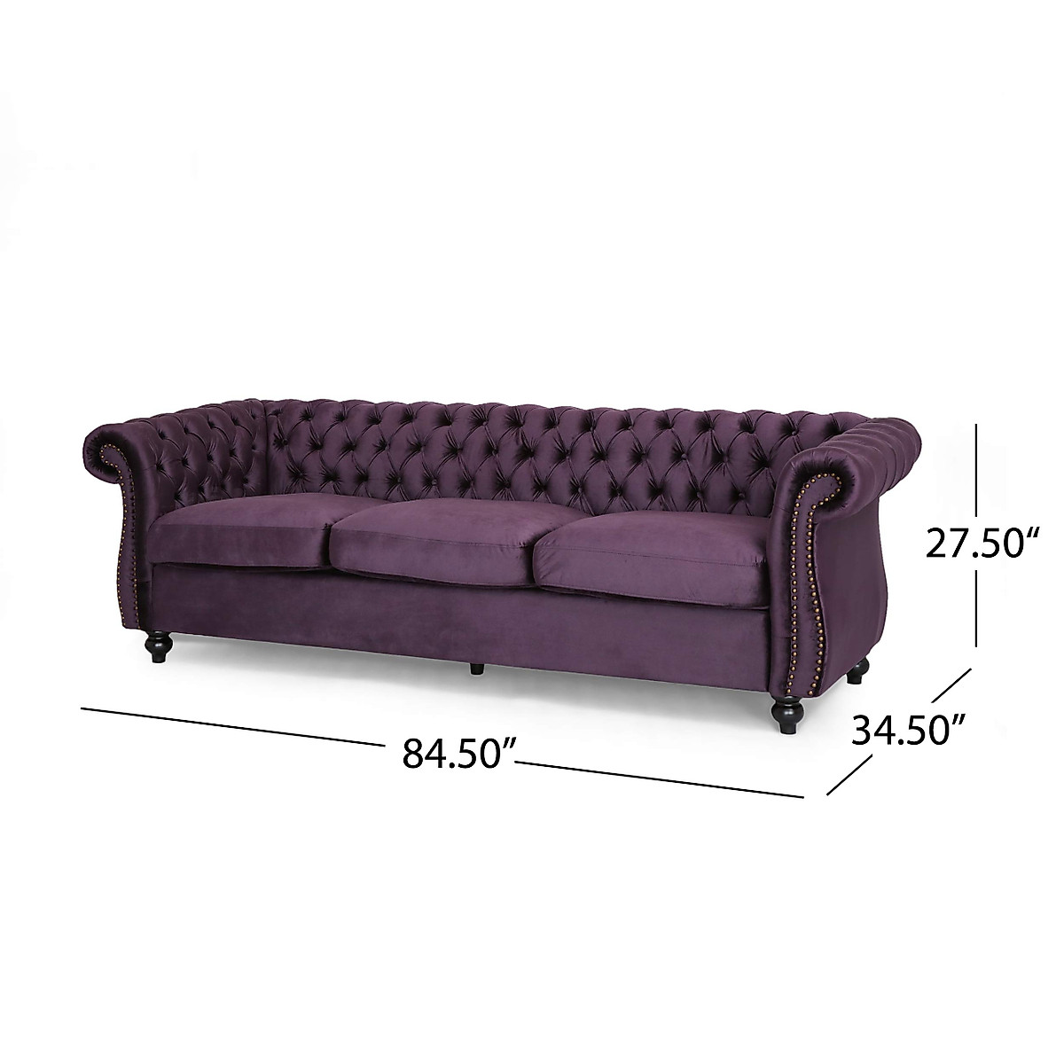 Great Deal Furniture GDFStudio Tufted Jewel Toned Velvet Sofa with Scroll Arms, BlackBerry