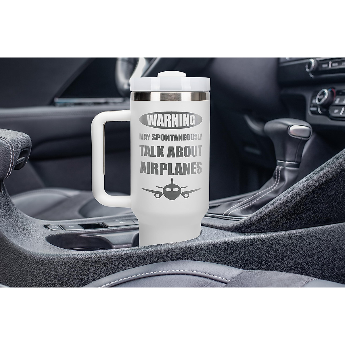 Elanze Designs Warning May Talk About Airplanes Pilot 40 oz. Stainless Steel, Large Water Bottle Coffee Mug, Spill & Leak Resistant, Thermal Travel Tumbler with Handle, Lid & Straw, White