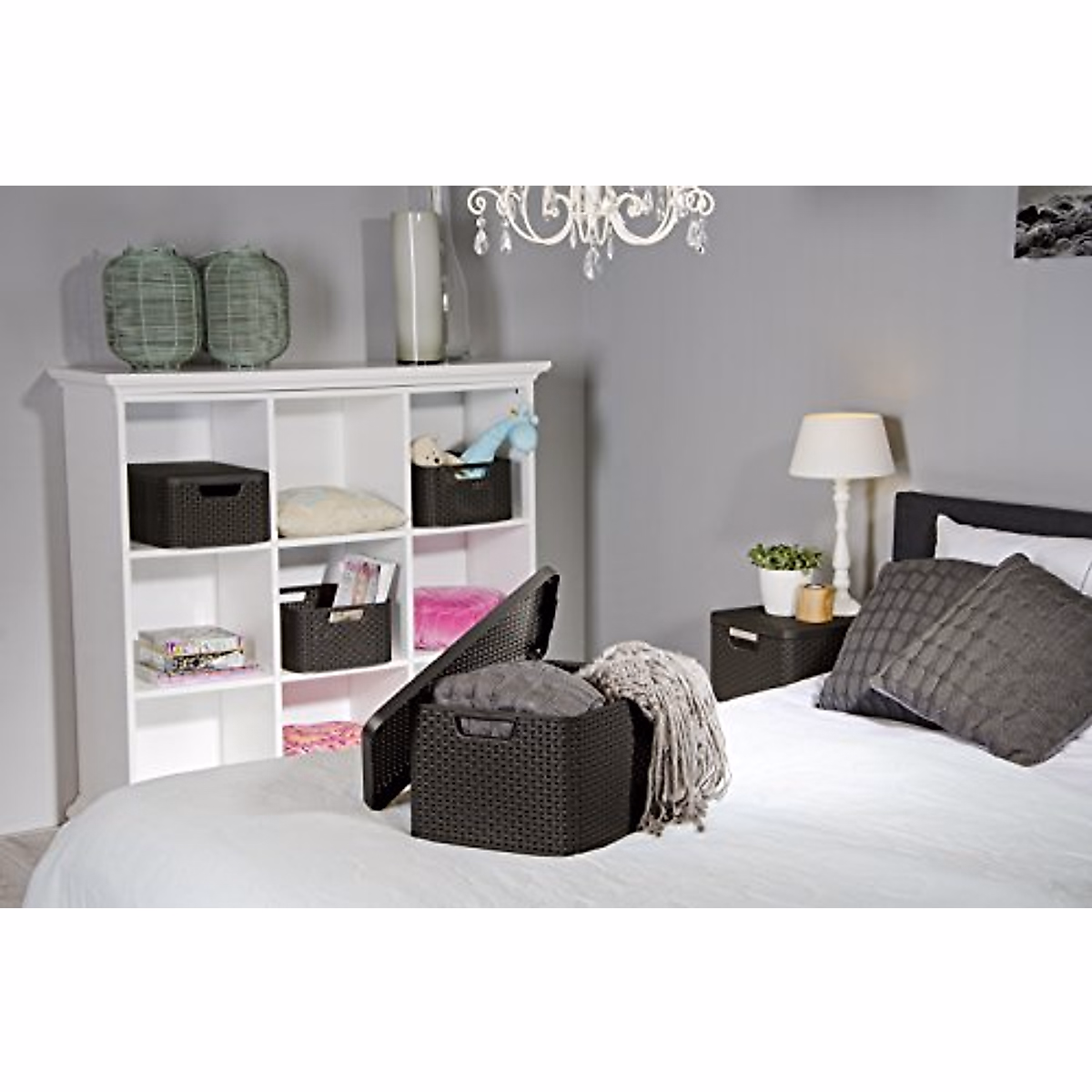 Curver Style Set of 3 Baskets with Lids, Sizes S 7 Litres, M 18 Litres and L 30 Litres, Anthracite