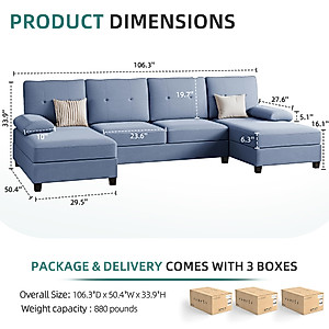 JAMFLY Sectional Sofa Couches for Living Room, Living Room Furniture Sets Clearance, 4 Seat U Shaped Sofa Sectional Couch with Chaise, Blue