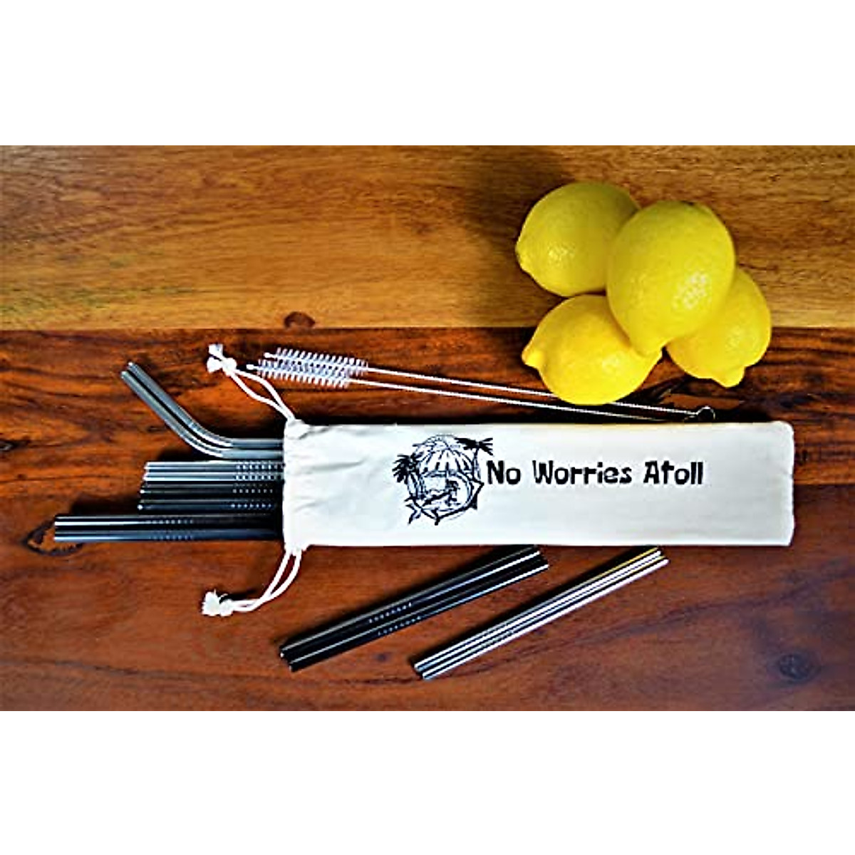 No Worries Atoll Reusable Metal Stainless Steel Straw Set of 12 Short 6” Cocktail 8.5” Smoothie and 10.5” Tumbler Drinking Straws Black and Silver Home Bar Backyard Essentials