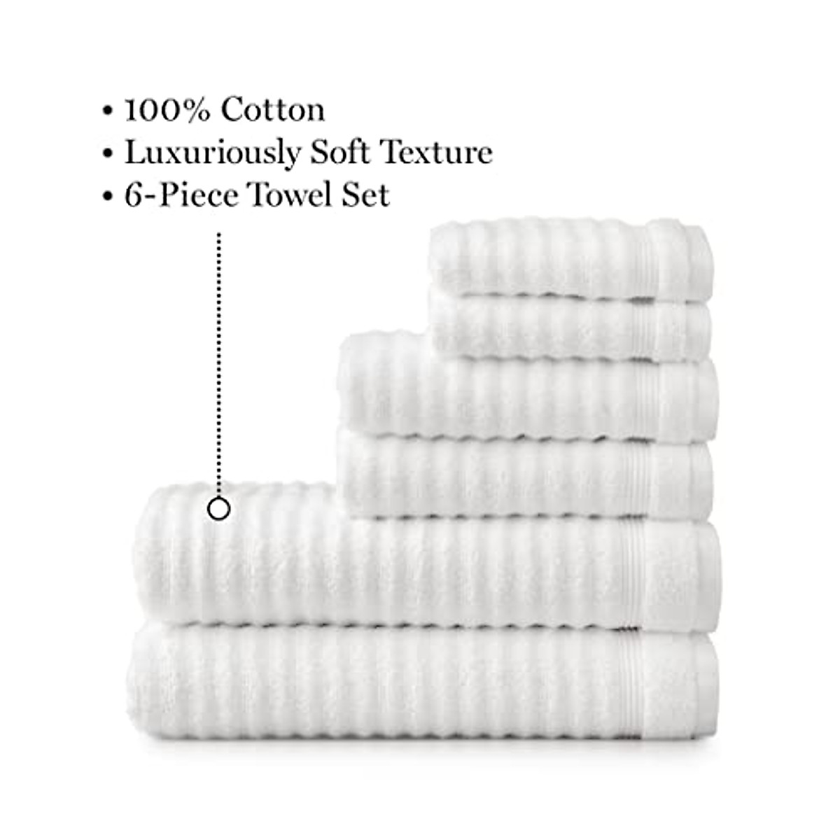 MARTHA STEWART Textured 100% Cotton Bath Towels Set - 6 Piece Set | 2 Bath Towels - 2 Hand Towels - 2 Washcloths| Quick Dry Towels | Plush Towels | Absorbent | Ideal For Everyday Use | White Towels