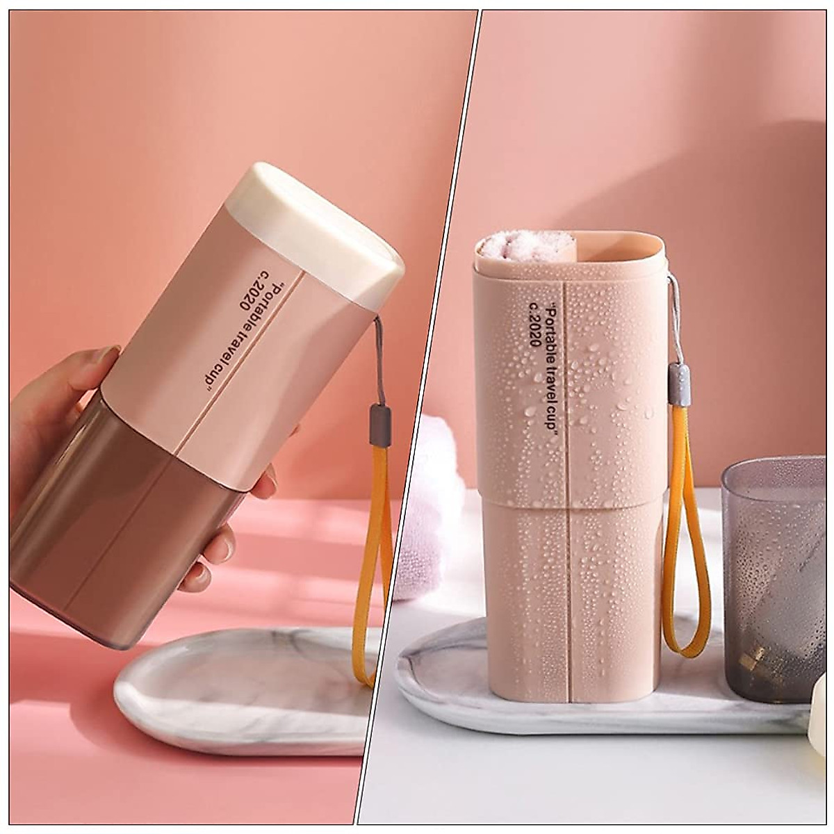 2pcs Travel Toothbrush Cases Plastic 2 in 1 Toothpaste Toothbrush Holder Gargle Cup Toothbrush Storage Box with Handle for Outdoor Camping Trip Pink