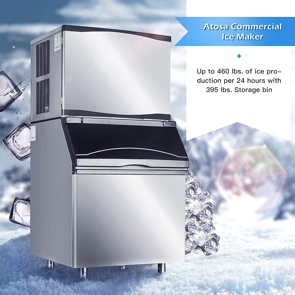 Commercial Ice Maker Machine with Bin, Atosa Stainless Steel Automatic Supermarkets Restaurant, 460lbs/24h