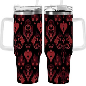 FOCIUZTA 40oz Deep Red Ornate Heart Pattern Tumbler with Lid, Travel Coffee Cup, Ideal for Easter, Gaming Enthusiast, Mother Day, and Birthday Gifts
