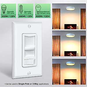 (6 Pack) UNIELE Ultra Slim Dimmer Light Switch, Max 300W Dimmable LED, CFL Lights, 600W Incandescent, Single-Pole or 3 Way LED Slide Dimmer Light Switch, 15A/120V/60Hz, ETL Listed, White