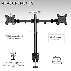 VIVO Dual Monitor Desk Mount, Heavy Duty Fully Adjustable Steel Stand, Holds 2 Computer Screens up to 30 inches and Max 22lbs Each, Black, STAND-V002