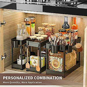 Mifine 3 Pack Under Sink Organizers and Storage, 2-Tier Organizer with 12 Hooks and 3 Hanging Cups, Sturdy Multi-Purpose Storage Baskets for Bathroom Kitchen Countertop Pantry Cabinets Laundry Room