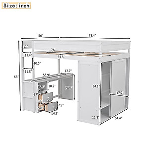 Harper & Bright Designs Full Size Loft Bed with Wardrobes and Desk, Solid Wood Loft Bed Frame with 2 Storage Drawers Cabinet, for Kids Teens Adults (White)