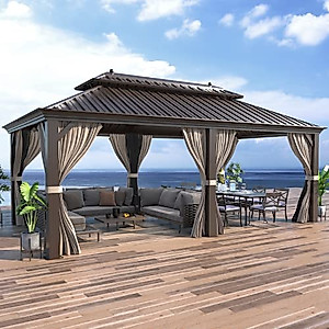 MELLCOM 12' x 20' Hardtop Gazebo,Galvanized Steel Metal Double Roof Aluminum Gazebo with Curtain and Netting,Brown Permanent Pavilion Frame for Patio, Lawn & Garden