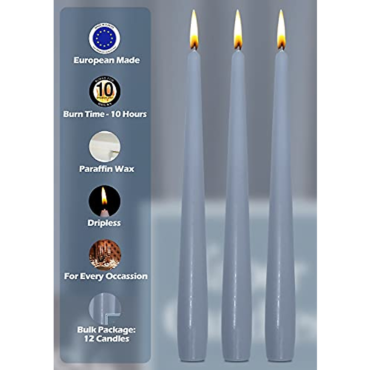 Hyoola Tall Taper Candles - 12 Inch Grey Blue Unscented Dripless Taper Candles - 10 Hour Burn Time - 12 Pack