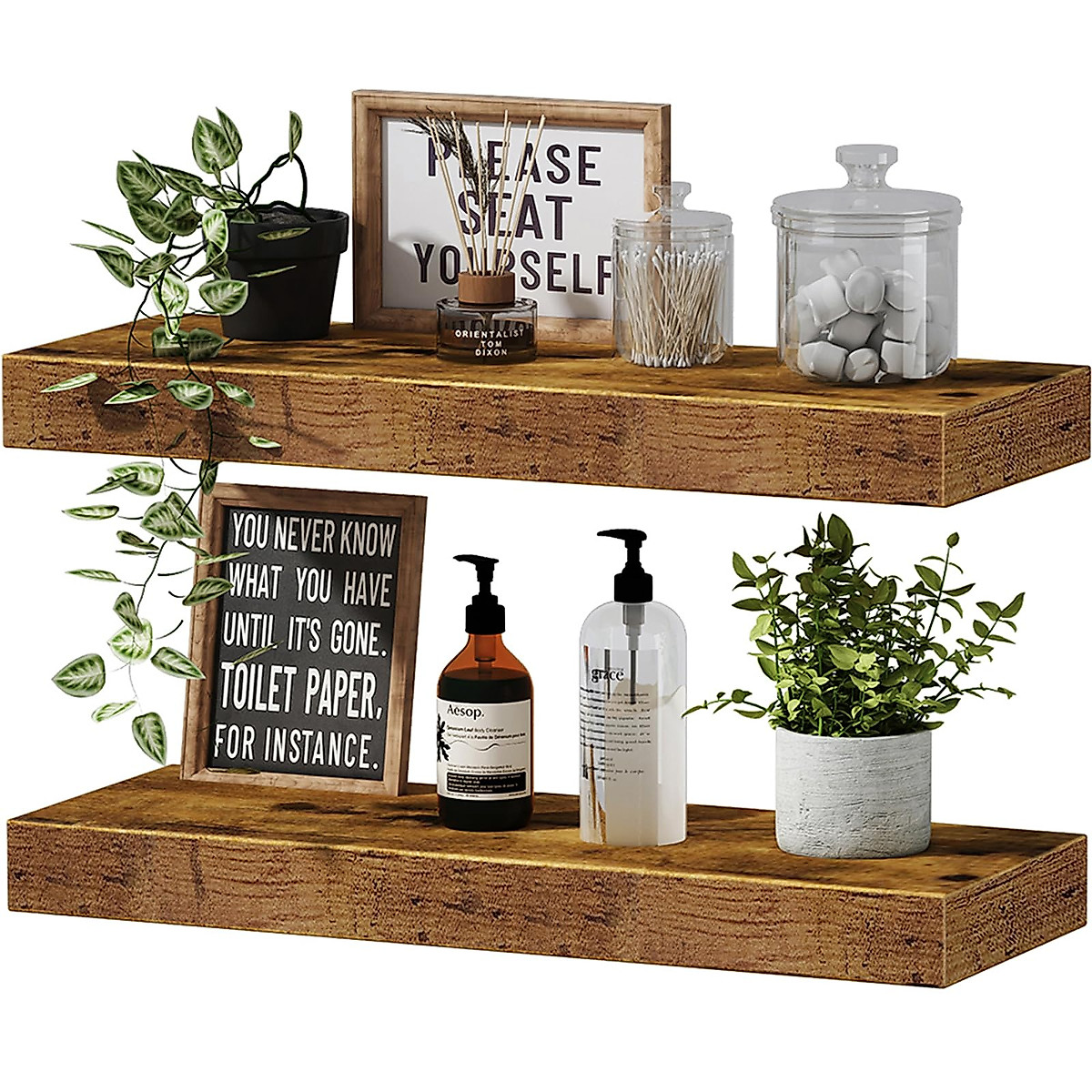QEEIG Floating Shelves for Wall Bathroom Shelf Bedroom Kitchen Farmhouse Small Book Shelf 16 inch Set of 2, Rustic Brown (015-BN2)