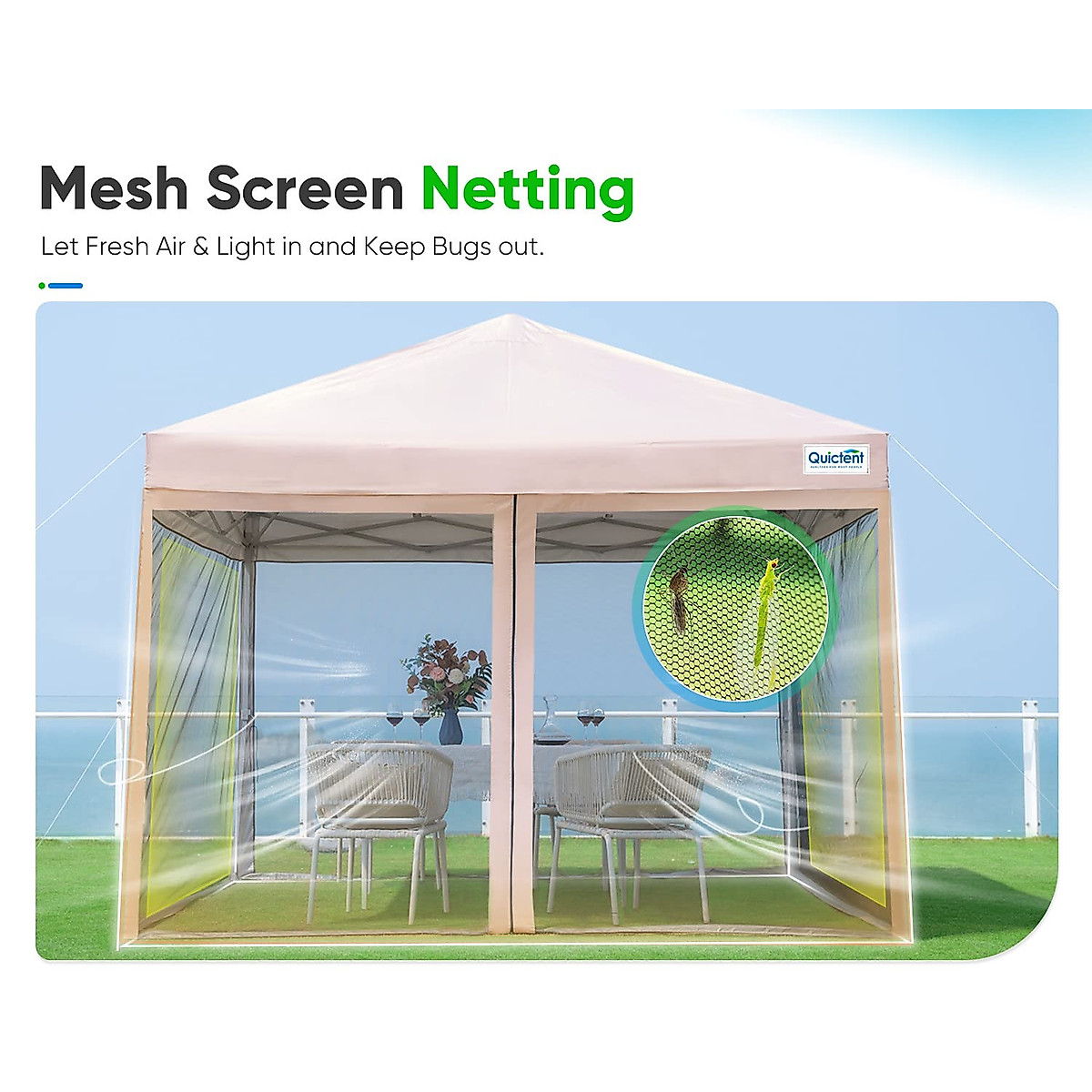 Quictent 6.6'x6.6' Ez Pop up Canopy Tent with Netting Screened, Outdoor Instant Portable Gazebo Screen House Room Tent -Fully Sealed, Waterproof & Roller Bag Included (Tan)