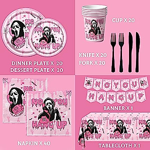 Halloween Scream Birthday Decorations-142pcs No You Hang Up Tableware,Pink Scream Halloween Party Plates Napkins Cups Tablecloth Banner for Girl Halloween Birthday Party Horror Decor
