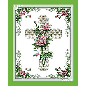 Printed Cross Stitch Kits 11CT 10X14 inch 100% Cotton Holiday Gift DIY Embroidery Starter Kits Easy Patterns Embroidery for Girls Crafts DMC Stamped Cross-Stitch Supplies Needlework The Cross Rose
