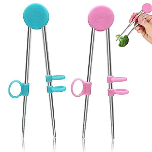 BLMHTWO 2 Pairs Kids Chopsticks Training Chopsticks for Kids Reusable Metal Chopsticks with Attachable Silicone Chopstick Helper for Children Adults Learning Beginners