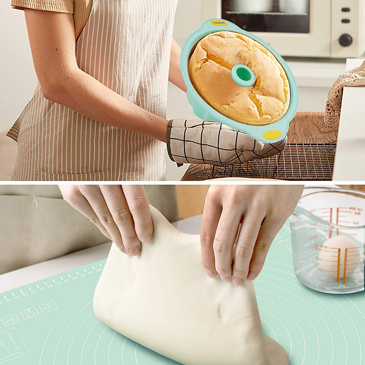 Aschef Steel Reinforced Frame Nonstick Silicone Bundt Cake Pan Baking Mold w/Baking Mat Set-BPA Free, Dishwasher & Microwave Safe