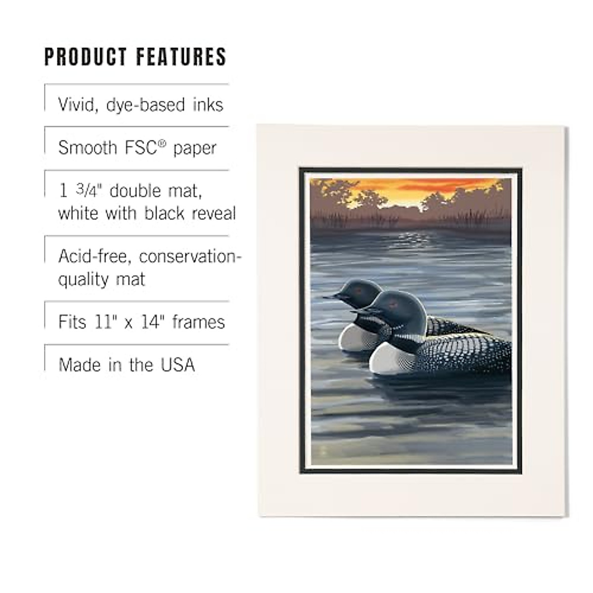 Lantern Press 11x14 Inch Matted Art Print Wall Decor, Loons and Lake at Sunset