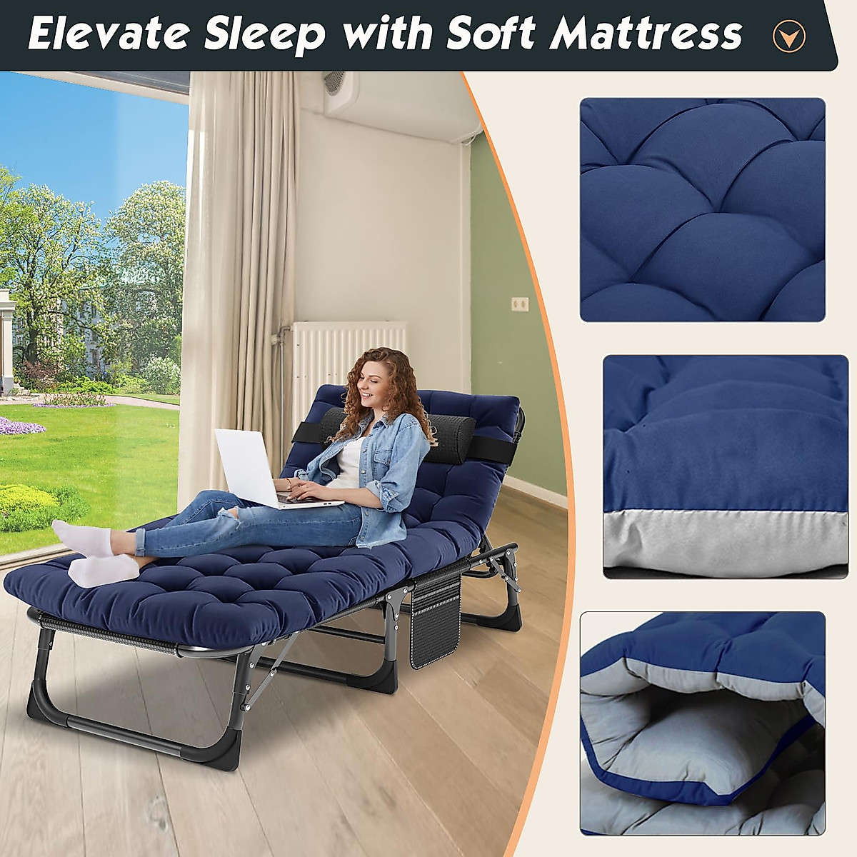 MOPHOTO Folding Chaise Lounge Chair 5-Position, Folding Cot, Heavy Duty Patio Chaise Lounges for Outside, Poolside, Beach, Lawn, Camping (Lounge Cot, Breezy Oceanic)