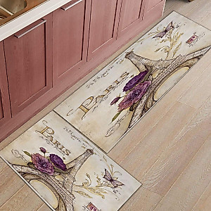 Kitchen Rugs, Eiffel Tower Paris Purple Flower Vintage Style Non Slip Long Runner Rug Mat for Floor, Kitchen, Bedside, Sink, Office, Laundry, Set of 2
