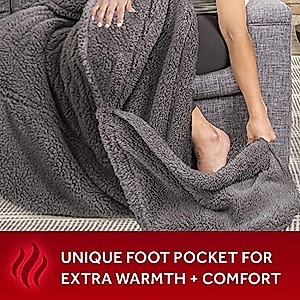 Sunbeam Royal Sherpa Dove Grey Heated Personal Throw / Blanket, Warming Foot Pocket, Cozy-Warm, Adjustable Heat Settings