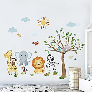 decalmile Forest Baby Animals Wall Decals Elephant Lion Giraffe Wall Stickers Baby Nursery Kids Room Daycare Wall Decor
