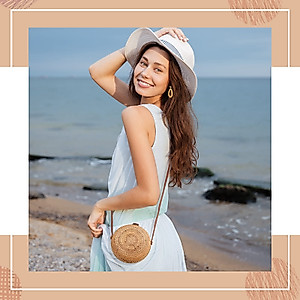 Kajaia Round Rattan Bag for Women Straw Crossbody Bag with 2 Pairs Rattan Earrings Beach Lightweight Geometric Boho Earrings Summer Jewelry Shoulder Leather Strap Natural Wicker Woven Bag