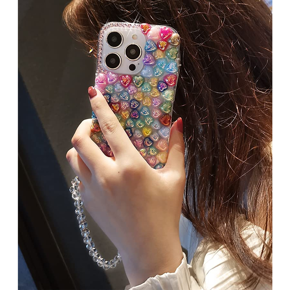 redecarie for Galaxy S9 Plus Case,Women Girls Kids Love Pearl Luxury Crystal Rhinestone Bling Glitter Diamond Bumper Clear Phone Cover with Wrist Strap for Samsung Galaxy S9 Plus