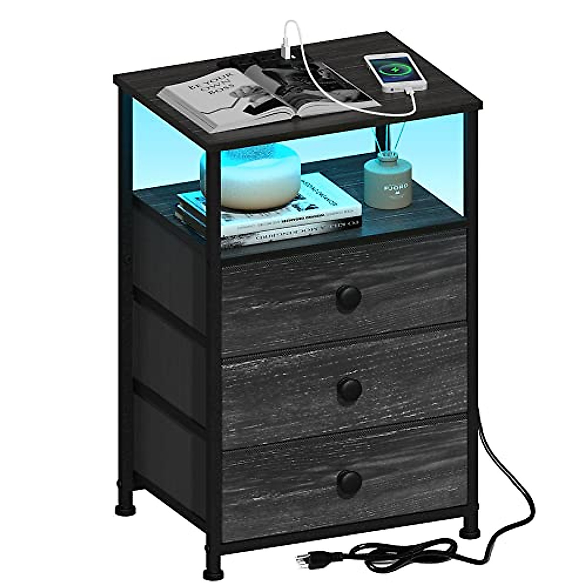 Tohomeor End Table with Charging Station LED Light Nightstand Bedroom Bed Side Dresser with 3 Fabric Drawers Open Storage Shelf Living Room Sofa End Table with USB Ports and Outlet (Charcoal, 1 Pack)