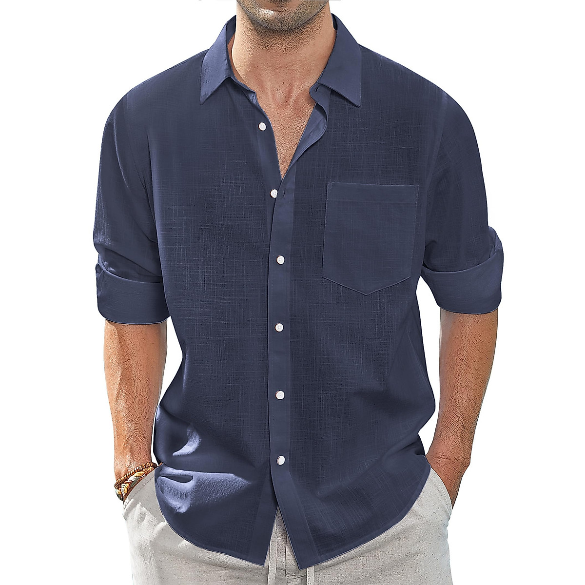 J.VER Men's Casual Button Up Linen Shirts Solid Long Sleeve Work Shirt Loose Fit Vacation Shirts with Pocket Navy Blue X-Large