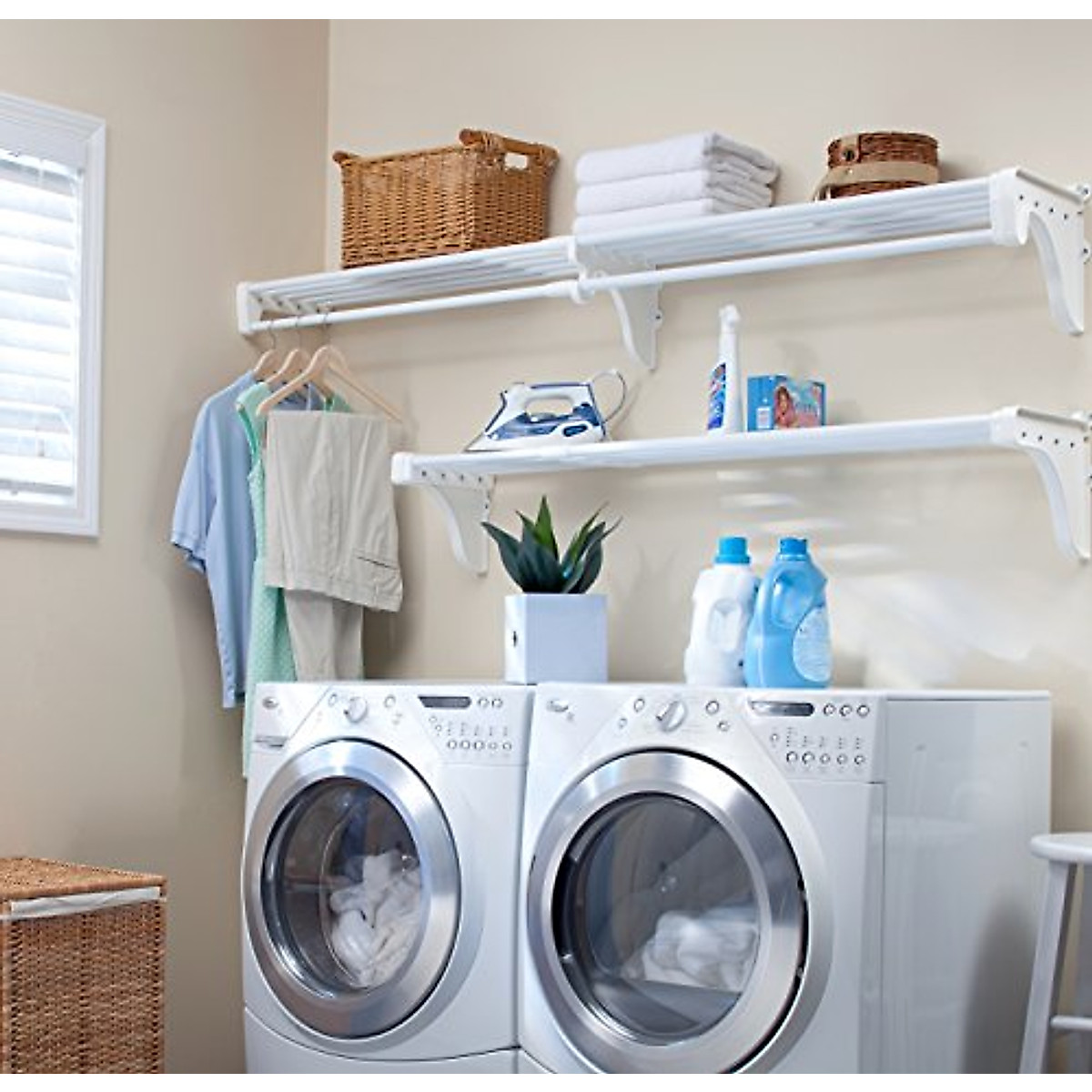 EZ Shelf-Expandable- Laundry Room Shelves Over Washer and Dryer -2- Laundry Room Shelves (Each Expands from 40.5 to 75") – 1 has Hanging Rod -White - Laundry Room Organization