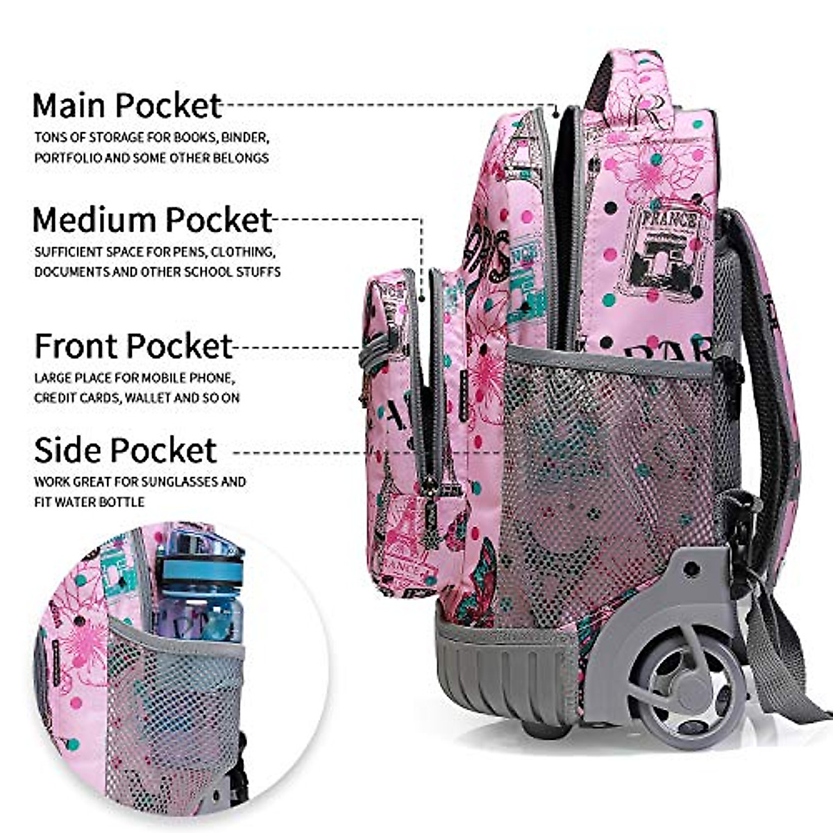 Tilami Rolling Backpack 16 Inch School College Travel Carry-on Backpack Boys Girls, Travel